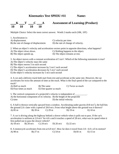 3 KINEMATICS TESTS Projectile Motion Tests Grade 11 Physics Tests WITH ...