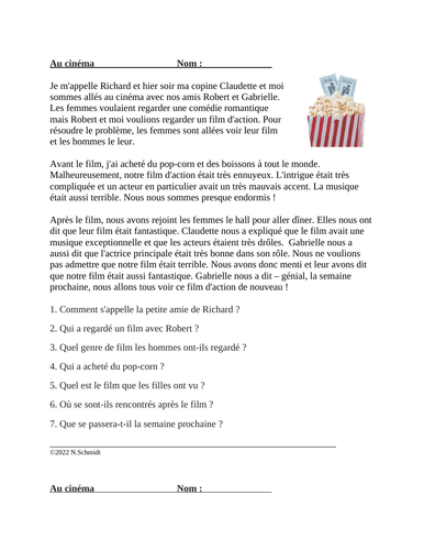 French Past Tense Reading: Au cinéma | l'imparfait / passé composé ...