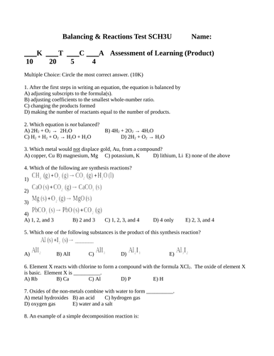 4 CHEMICAL REACTIONS TESTS Balancing Equations Chemistry Test WITH ...