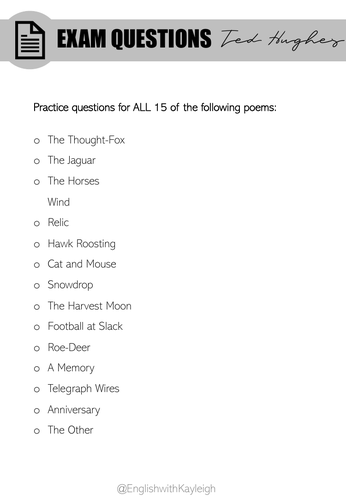 Ted Hughes Essay Questions for ALL 15 GCSE poems | Teaching Resources