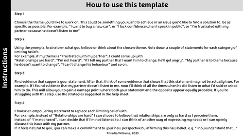 Limiting Beliefs Template | Teaching Resources