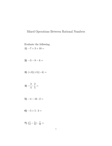Mixed Operations Between Rational Numbers Worksheet (with solutions ...