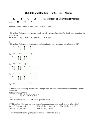 ORBITALS and BONDING UNIT TEST Bonding Grade 12 Chemistry TEST WITH ...