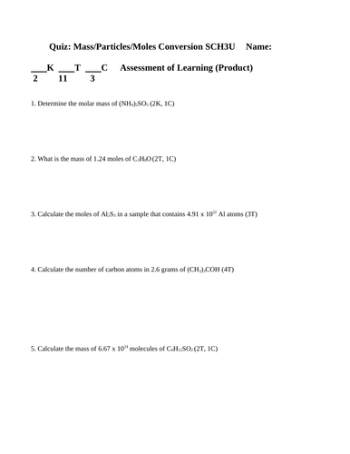 4 MOLE QUIZZES SCH3U Chemistry Quizzes Converting Between Mole, Mass ...