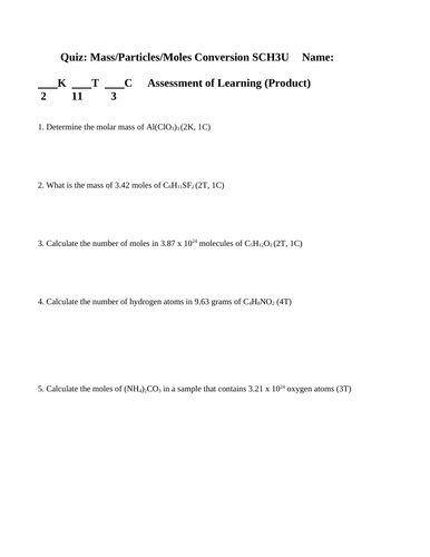 4 MOLE QUIZZES SCH3U Chemistry Quizzes Converting Between Mole, Mass ...
