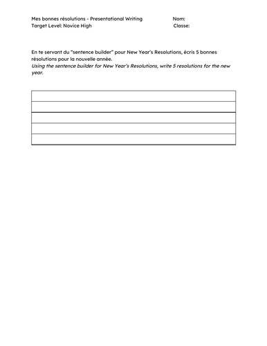 Nouvel An - New Year's Resolutions Activities - French - Intermediate ...