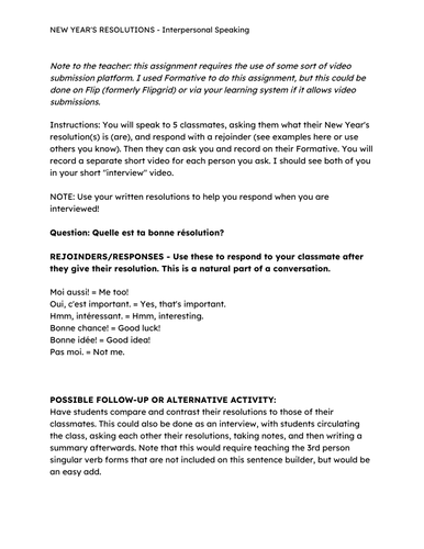 Nouvel An - New Year's Resolutions Activities - French - Intermediate ...