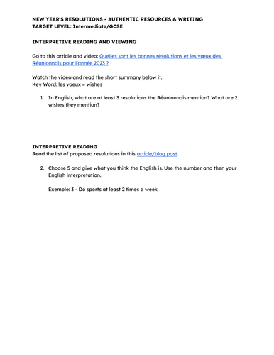Nouvel An - New Year's Resolutions Activities - French - Intermediate ...