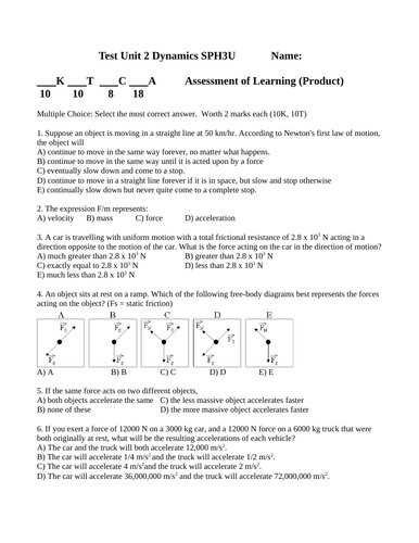 Test FORCES PHYSICS TEST Grade 11 Physics Dynamics Unit Test WITH ...