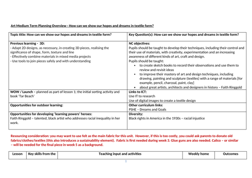 KS2 Textile Art Unit - Faith Ringgold /Hopes/Dreams | Teaching Resources