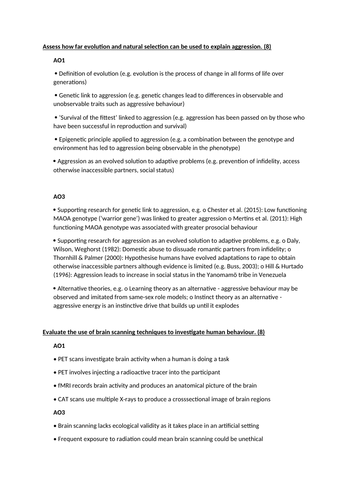 BIOLOGICAL 8 MARKERS EXAM Q & A - A level Psychology | Teaching Resources