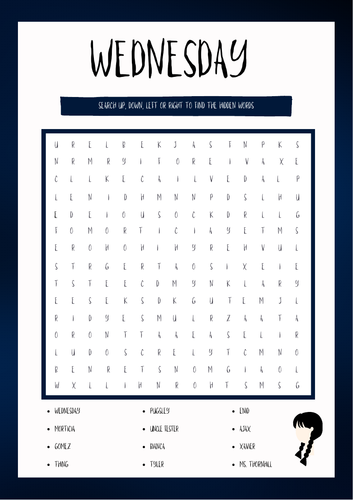 Wednesday Word Search Activity TV Sheet and Answers. Addams Family ...