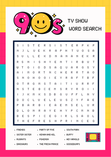 1990s TV Show Word Search Activity Sheet and Answers. 90s / Nineties ...