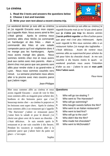 French Reading Cover - Cinema Past Tense y9/10/11 | Teaching Resources