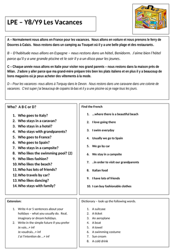 French Cover Reading - Holidays cover lesson Present tense | Teaching ...