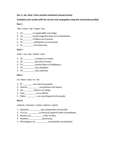 Dar ir ser estar tener practice worksheet | Teaching Resources