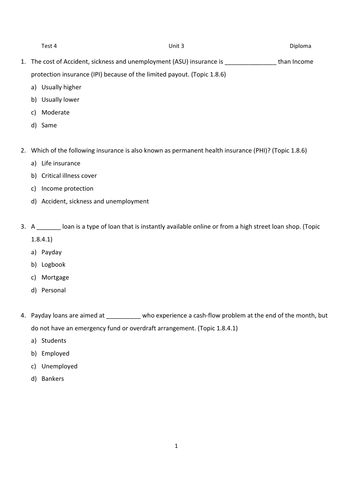 LIBF - Unit 3 - Diploma - MCQ Test 4 | Teaching Resources