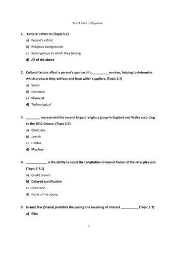 LIBF - Unit 3 - Diploma - MCQ Test 7 | Teaching Resources