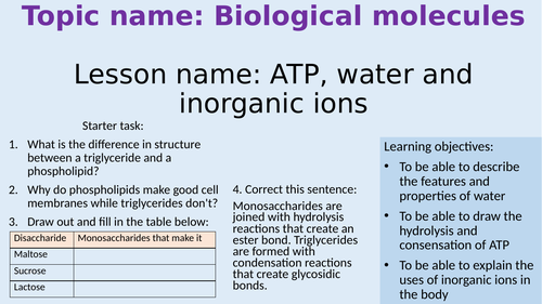 ATP water and inorganic ions full A-level bio lesson AQA | Teaching ...