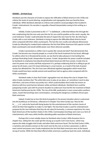 Of Mice and Men - Crooks Exemplar Essay | Teaching Resources