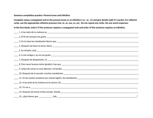Sentence completion practice: Present tense and infinitive | Teaching ...