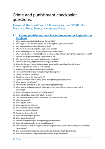 Edexcel History - Crime and punishment checkpoint questions | Teaching ...
