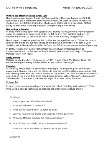 Henri Matisse comprehension | Teaching Resources