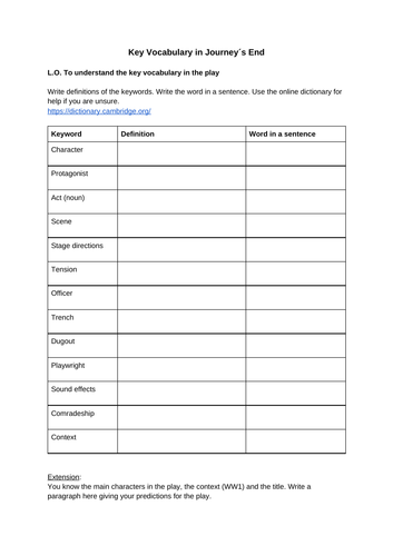 Journey's End Act One Worksheets | Teaching Resources