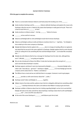 Journey's End Act One Worksheets | Teaching Resources