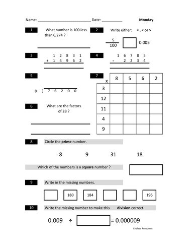 15 weeks of Year 6 Maths Morning Work - A4 printable PDF with a variety ...