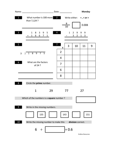 15 weeks of Year 6 Maths Morning Work - A4 printable PDF with a variety ...