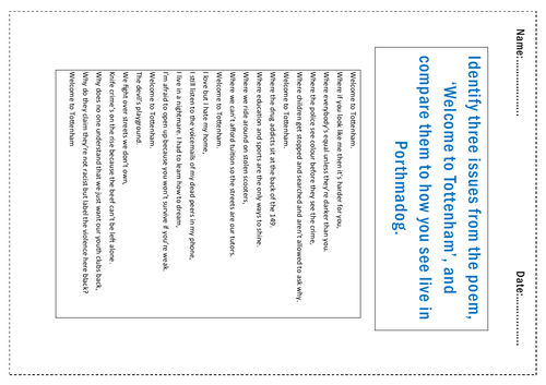 'Welcome to Tottenham' - Modern Poetry | Teaching Resources