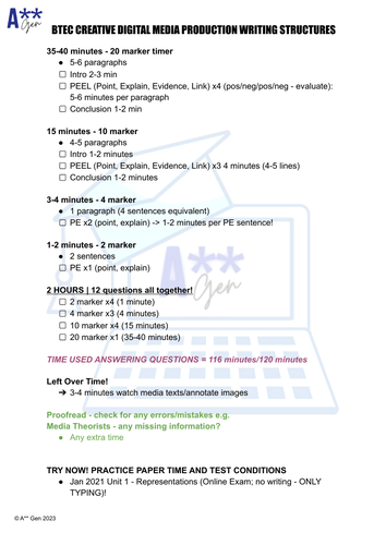 BTEC Media | Unit 1 - Representations Exam Writing Plan | Teaching ...
