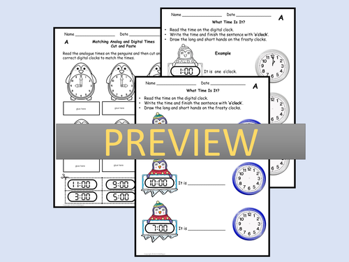 Telling the Time to the Hour Analogue Digital Clocks Penguins Winter ...