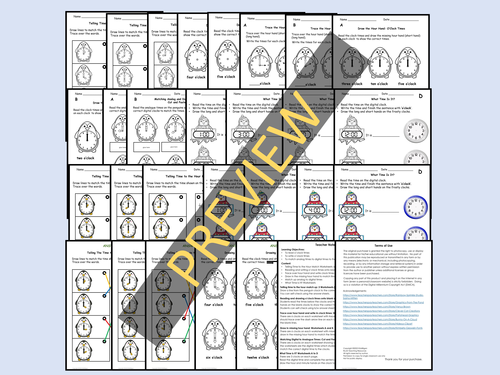 Telling the Time to the Hour Analogue Digital Clocks Penguins Winter ...