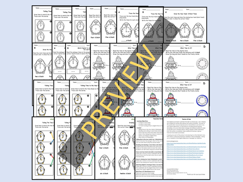 Telling the Time to the Hour Analogue Digital Clocks Penguins Winter ...