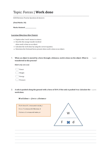 GCSE/IGCSE Physics: Work Done - Self-Assessment Questions & Answers [2023] | Teaching Resources