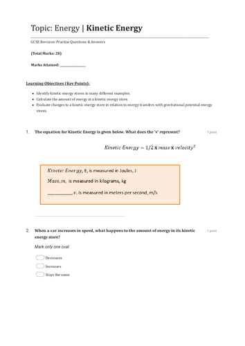 GCSE/IGCSE Physics: Kinetic Energy - Self-Assessment Questions ...