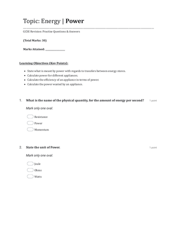 GCSE/IGCSE Physics: Power - Self-Assessment Questions & Answers [2023 ...