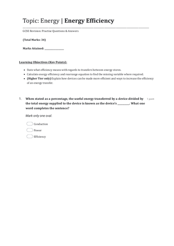 Gcse Igcse Physics Energy Efficiency Self Assessment Questions