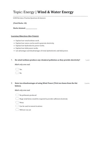 GCSE/IGCSE Physics: Wind & Water Energy - Self-Assessment Questions ...