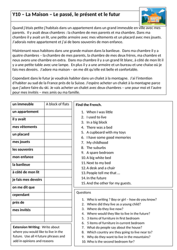 Y10 French Cover Reading - House Past Present Future | Teaching Resources