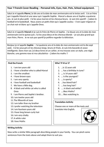 Y7 French Cover Reading - Personal Info, Pet, School Equipment ...
