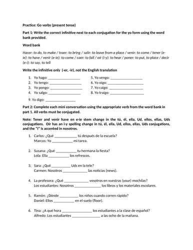 Go verbs tiny practice | Teaching Resources