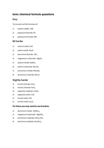 Ionic chemical formulas, poster on one page, worksheet and answers GCSE ...