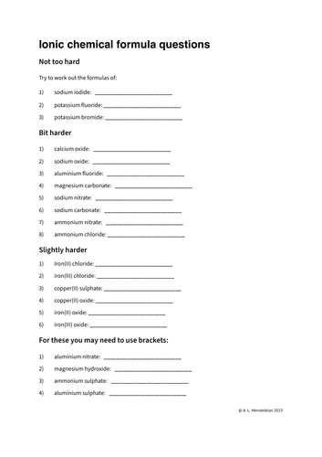 Ionic chemical formulas, poster on one page, worksheet and answers GCSE ...