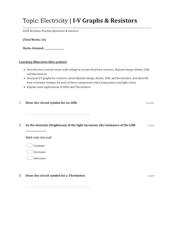 GCSE/IGCSE Physics: IV Graphs & Resistors - Self-Assessment Questions ...