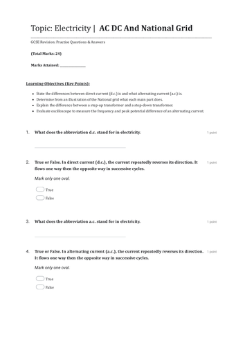 GCSE/IGCSE Physics: AC & DC - Self-Assessment Questions & Answers [2023 ...
