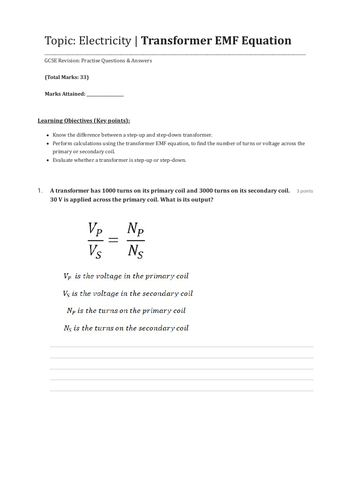 GCSE/IGCSE Physics: Transformer Equation - Self-Assessment Questions ...