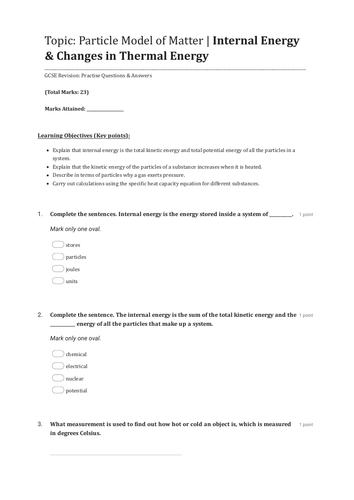 GCSE/IGCSE Physics: Internal Energy - Self-Assessment Questions & Answers [2023] | Teaching ...